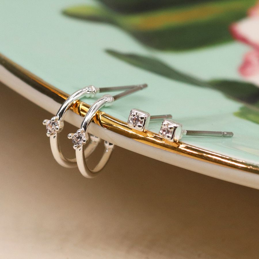 Silver Plated Tiny Crystal Stud With Sleeper – Gower Gallery