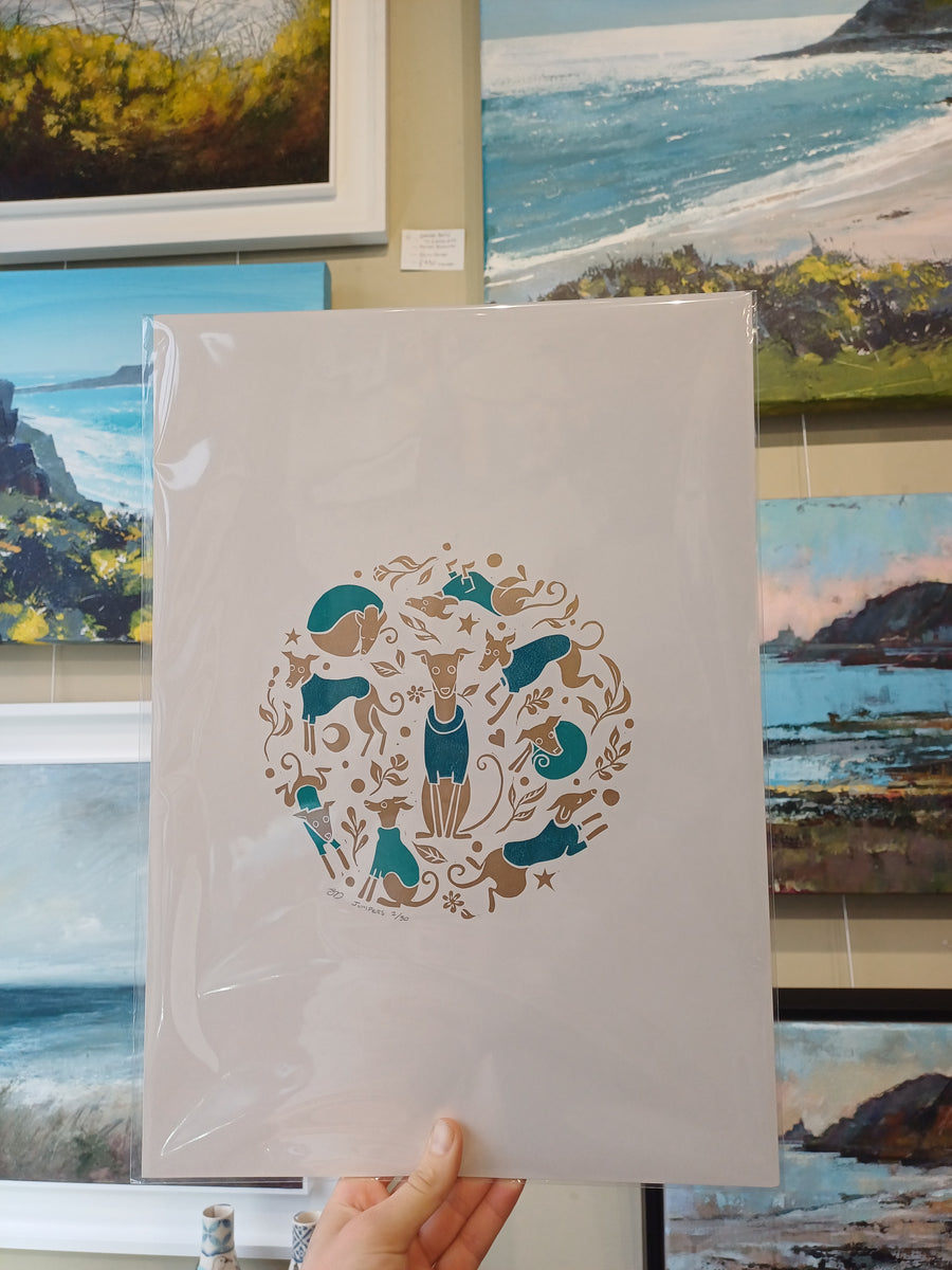 'Jumpers' Lino Print by Sarah Defriend – Gower Gallery