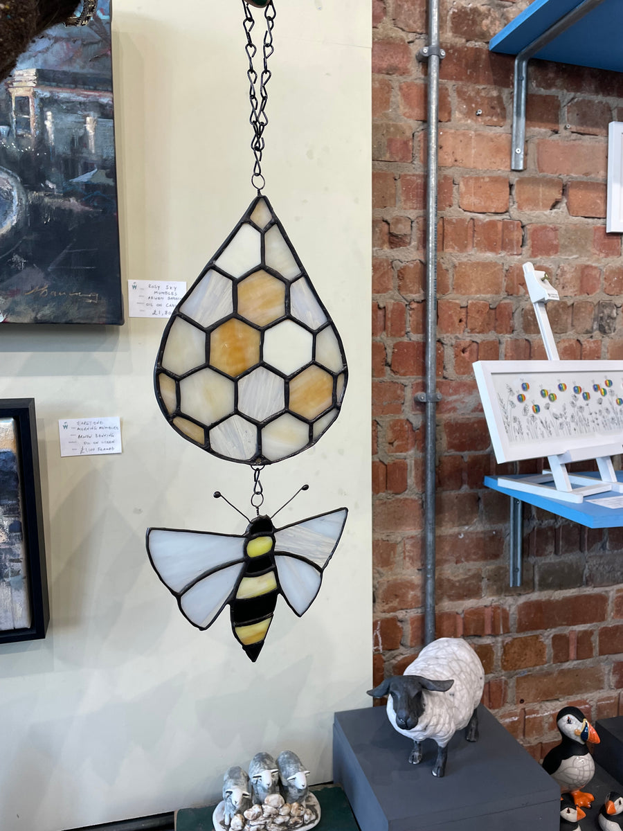 Bee and Honey Comb Hanging Stained Glass for sale on behalf of Sian Ba ...