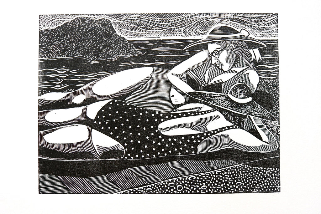 Rotherslade Beach, Donkey Rock, Mounted Linocut Print Print For Sale o ...