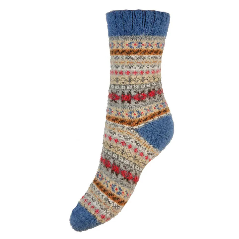 Blue, fawn and red Scandi patterned soft wool socks – Gower Gallery